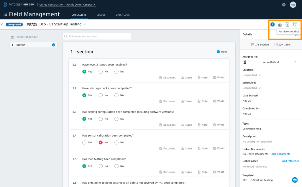 BIM 360 Checklist Archiving - BIM 360 Release Notes