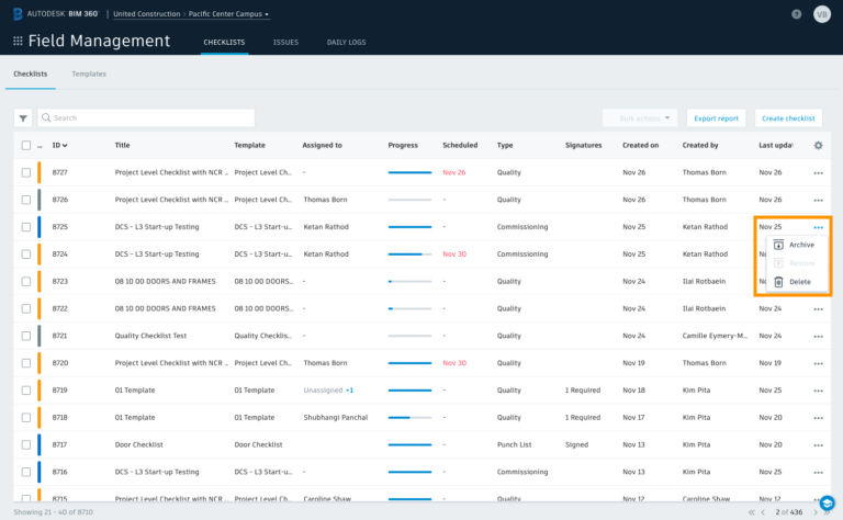 BIM 360 Checklist Archiving - BIM 360 Release Notes