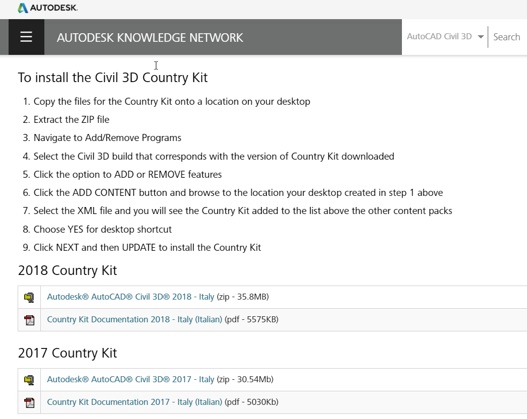 Country KIT ITALIANO di AutoCAD Civil 3D 2018: disponibile su AUTODESK KNOWLEDGE NETWORK – dal ...